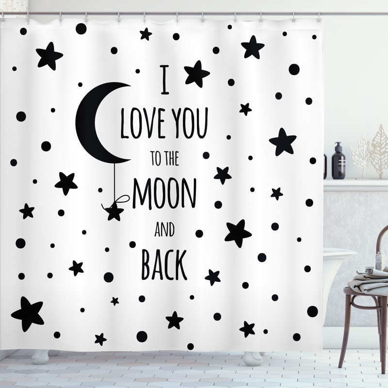 East Urban Home Celestial Shower Curtain Stars Crescent Moon Art White and Charcoal Grey | Wayfair